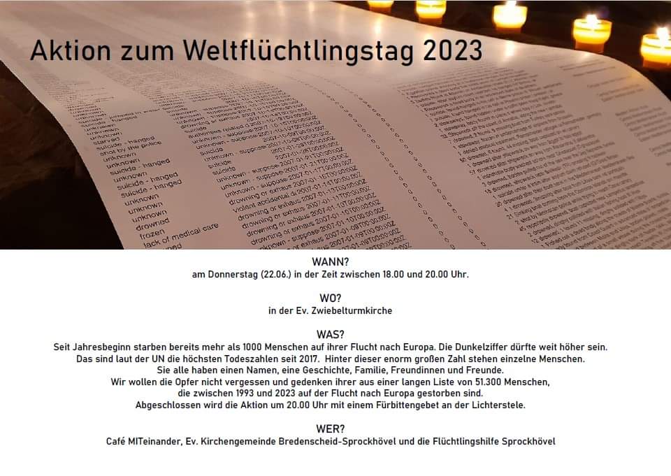 Erinnerung an über 50.000 Tote - Weltflüchtlingstag in der Zwiebelturmkirche - Flüchtlingshilfe ...